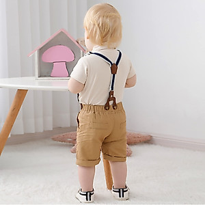 YUEMION Infant Baby Boy Clothes Gentleman Outfits Suits Summer Short Sleeve Bowtie Bodysuit Shirts + Suspender Shorts (Beige,12-18M)