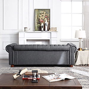Chesterfield 3 Seater Faux Leather Sofa, Button Tufted Upholstered Couch with Nailhead Arms Removable Cushions Rubber Wood Legs for Living Room Office Apartment (Dark Gray)