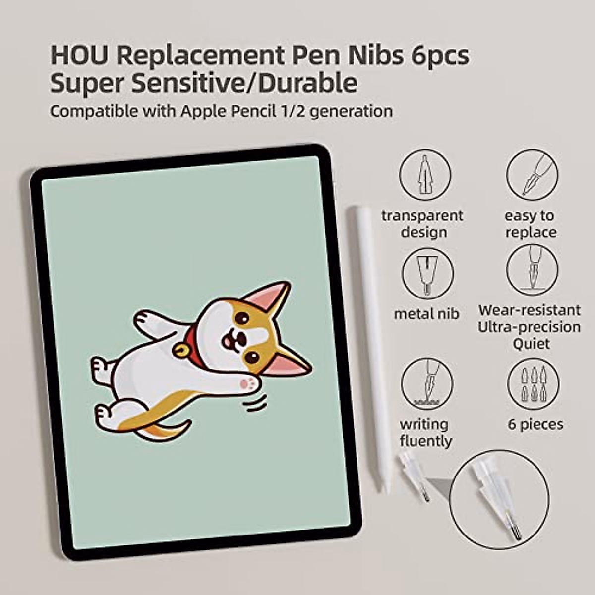 HOU [6 Pack] Apple Pencil Tips,Replacement Tips for Apple Pencil 2nd Generation,Apple Pencil 1st Generation Spare Nib for ipad Pen/Stylus Pen,Apple Pencil 2/1,Plastic &Metal Apple Tips