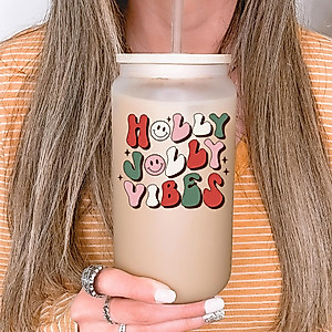 Holly Jolly Vibes Glass Can, Christmas Iced Coffee Cup, 16oz Tumbler with Lid And Straw, Candy Cane tumbler, Christmas frosted tumbler, Christmas Gift for Exchange