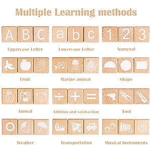 AXEARTE Alphabet Letters Stacking Blocks, 26 Wooden ABC Building Blocks for Toddlers, Number, Animals Icons on Every Side, Preschool Learning Educational Toys Montessori Sensory Toys for Kids