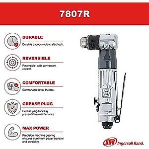 Ingersoll Rand 7807R 3/8” Reversible Air Angle Drill, Standard Duty, 1800 RPM, Quiet, Durable Jacobs Multi-Craft Chuck, Grease Plug