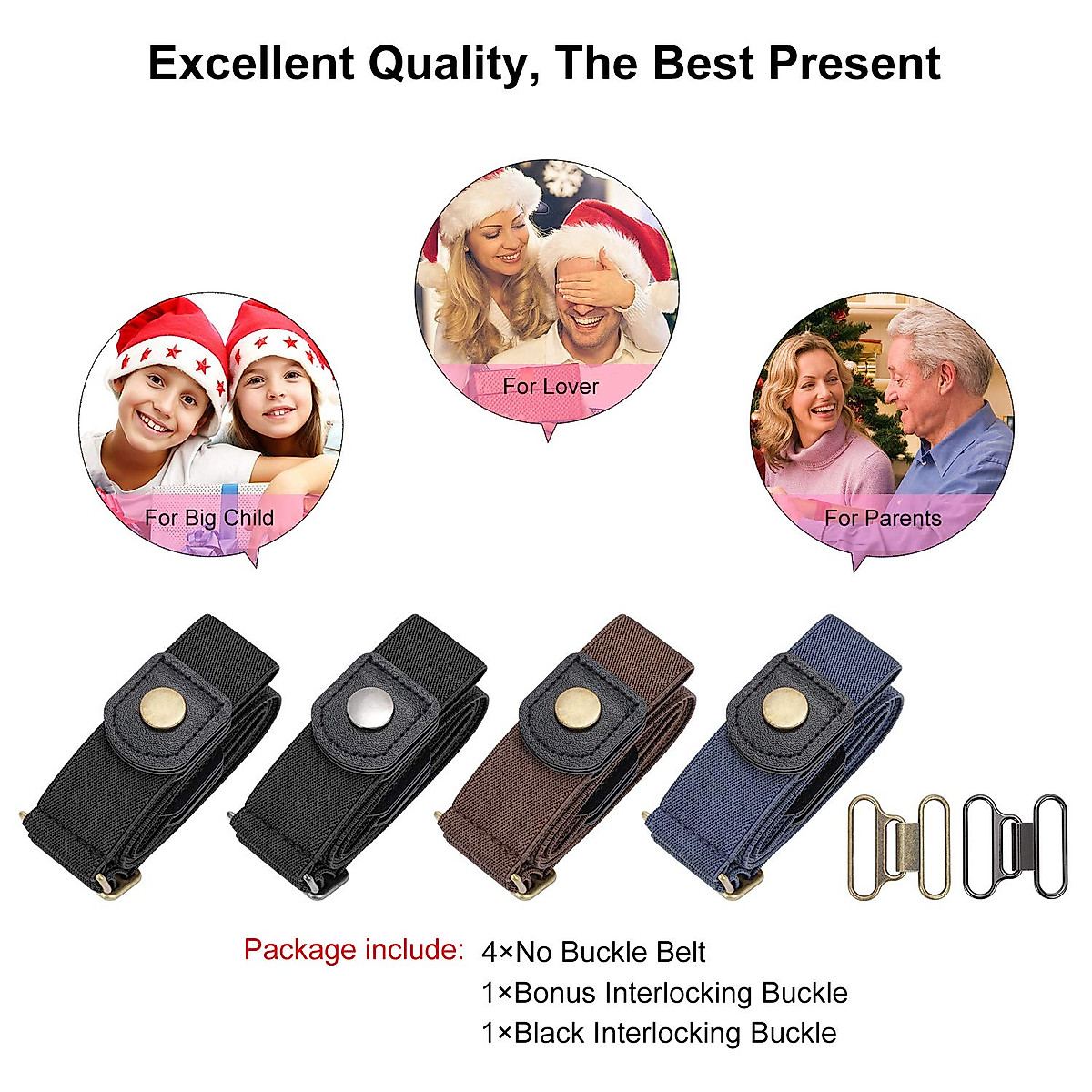 SUOSDEY 4 Pieces No Buckle Elastic Stretch Belts for Men Women, Comfortable Buckle Free Invisible Belts for Jeans Pants