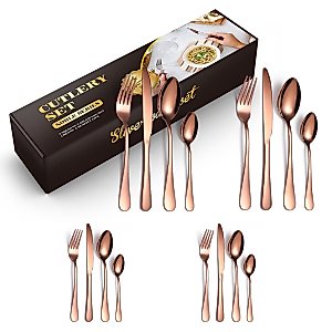 Stainless Steel Flatware Set,Service for 4,Rose Gold Cutlery Utensils 16Piece Tableware Set Include Fork Knife Spoon