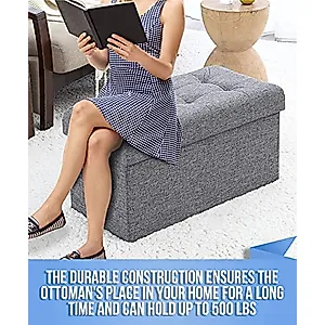 Ornavo Home Foldable Tufted Linen Large Storage Ottoman Bench Foot Rest Stool/Seat - 15" x 30" x 15" (Grey)