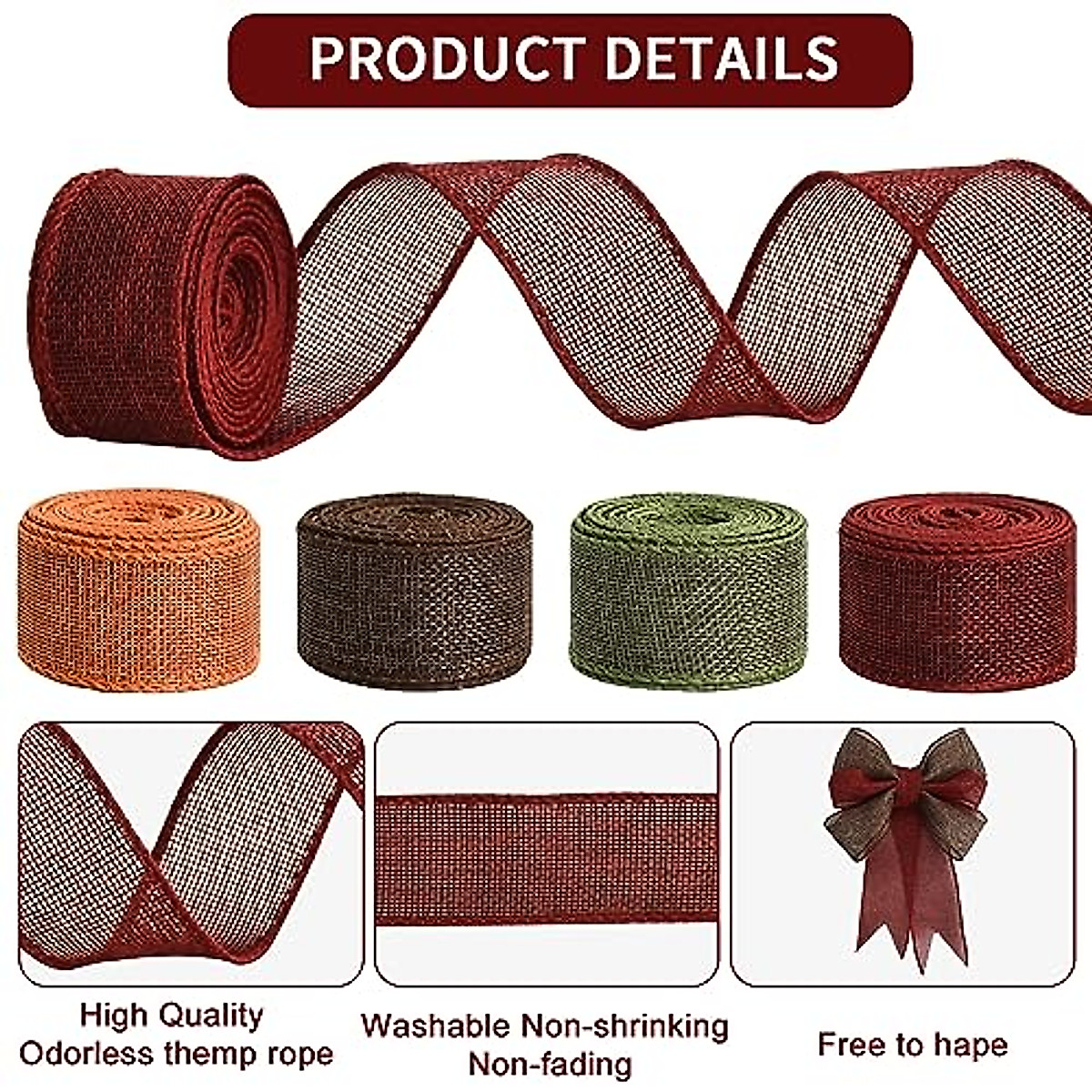 TONIFUL 1.5 Inch 4 Rolls Set Fall Ribbons Orange, Dark Red, Grass Green, Brown Burlap Wired Ribbons, for Thanksgiving Fall Wreath Home Decor Tree Topper Bow Decorations (6 yds/roll)