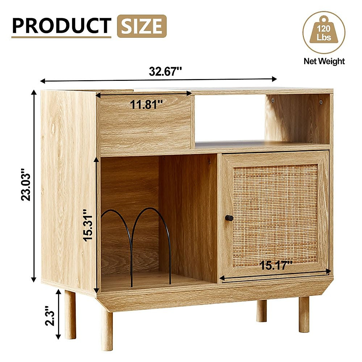 Vintage Record Player Stand, Vinyl Record Storage Table ,Turntable Stand Record Player Cabinet with Storage, Vinyl Record Player Stand with Rattan Door, Printer Stand with Open Storage Shelves-Natural