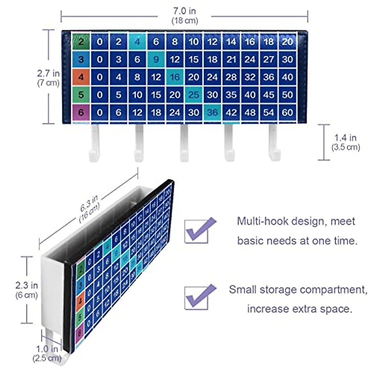 Multiplication Table Mail Holder Organizer and Key Hooks PU Front, Self Adhesive Key Rack with 5 Hooks Perfect for Entryway, Hallway，Bathroom ，Kitchen