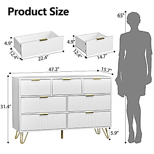FURNIWAY Dresser for Bedroom, Modern 6-Drawer Dresser with Gold Handles, Wide Chest of Drawers for Living Room, White (White, 7 Drawer)
