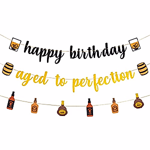 Whiskey themed Aged to Perfection Birthday Party Supplies for Men, Black Gold Cheer and Beer Themed Whiskey Birthday Party Banner Decorations