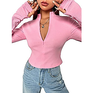 SOLY HUX Women's Zip Up Mock Neck Long Sleeve Crop Tops Casual Tee T Shirts with Thumb Hole Solid Pink S