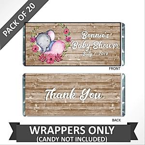 Rustic Elephant Baby Shower Favors, Personalized Candy Wrappers, Pack of 20 Chocolate Bar Labels