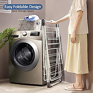 TOOLF Clothes Drying Rack, Clothes Rack, Foldable 2-Level Laundry Racks for Drying Clothes, with Height-Adjustable Wings, Indoor/Outdoor Portable Dryer for Clothing and Towels, White