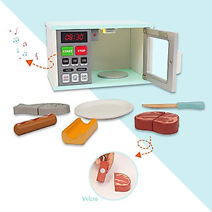 WOODENFUN Toddler Play Kitchen Toys, Wooden Microwave Oven with Light and Realistic Sound, Pretend Play Kitchen Accessories, Learning Toy Birthday Gifts for Boys Girls 3-8 Year Old