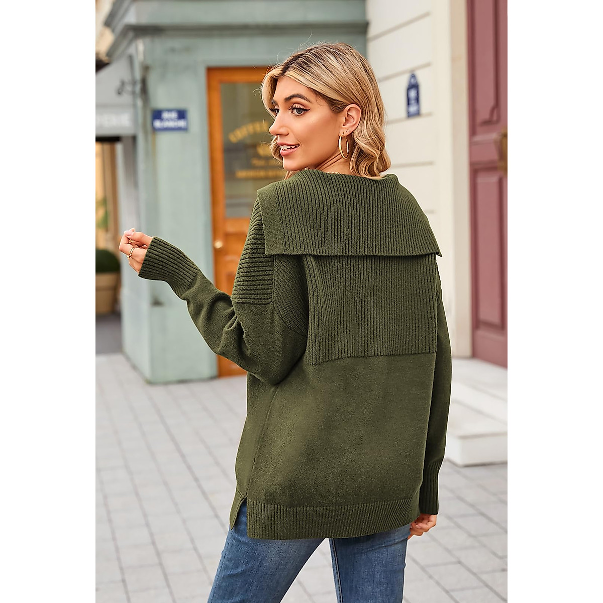 Womens 2024 Fall Lapel Collar Long Sleeve V Neck Ribbed Knit Loose Casual Pullover Sweater Jumper Top Army Green M