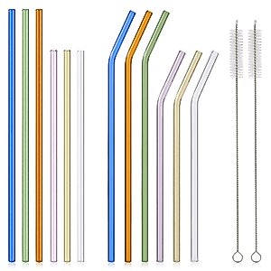 [12 Pcs] Reusable Colorful Long Glass Straws - 11" x 8mm and 9" x 8mm Shatter Resistant Each Including 3 Straight and 3 Bent with 2 Cleaning Brush Perfect for 30 oz 20 oz Tumblers Juice Coffee