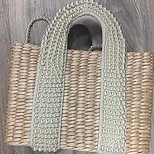 OWLEEN New Women's Bag with Pearl Ladies Tote Handbags Handmade Straw Basket Messenger Bag for Vacation Life, Creamy-white