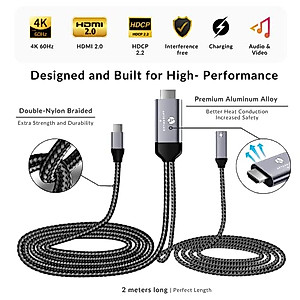 USB C to HDMI Cable with 100W PD Charging Port (6ft), Afterplug 2-in-1 Type C to HDMI 4K60Hz [USB4/ Thunderbolt 4/3 Compatible] for MacBook, Nintendo Switch, Samsung DeX, iMac, iPad Pro Mini, Surface