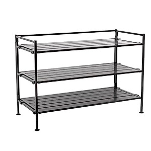Seville Classics Sturdy Freestanding Storage Shelf for Bedroom, Closet, Entryway, Dorm Room Organizer, Stackable Metal 3-Tier 2" Resin Slat Shoe Rack, Espresso
