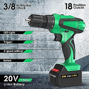 ENZOO 20V Cordless Drill, Electric Power Drill Set with Battery and Charger+23 pc. Impact Driver/Drill Bits, 3/8" Keyless Chuck, 2 Variable Speed, 248 In-lb Torque, 18+1 Position