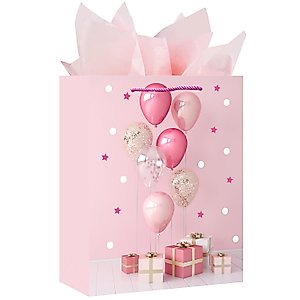 LUCKY AID 13” Birthday Gift Bag with Handle and Tissue Paper, Gift Bag for Boys, Girls, Women and Men’s Birthday Party, Baby Shower, Christmas Party Supplies (Pink)