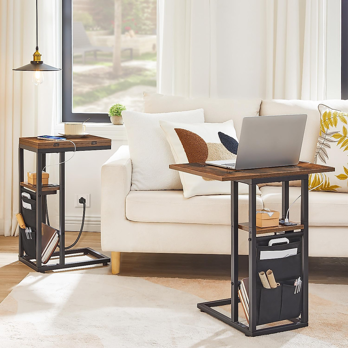 HOOBRO C Shaped Side Table with Charging Station, Foldable End Table with Storage Bag, Sofa Couch Table Snack Table for Small Space in Living Room, Bedroom, Rustic Brown and Black BF101USF01