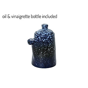 VALLENWOOD Extra Large Salad Serving Bowl, 11 inch. Big Ceramic Navy Dark Blue Pasta bowl Plus Oil Bottle. 95 oz. Beautiful And Elegant Huge Design. Giant Mixing and Fruit Bowls