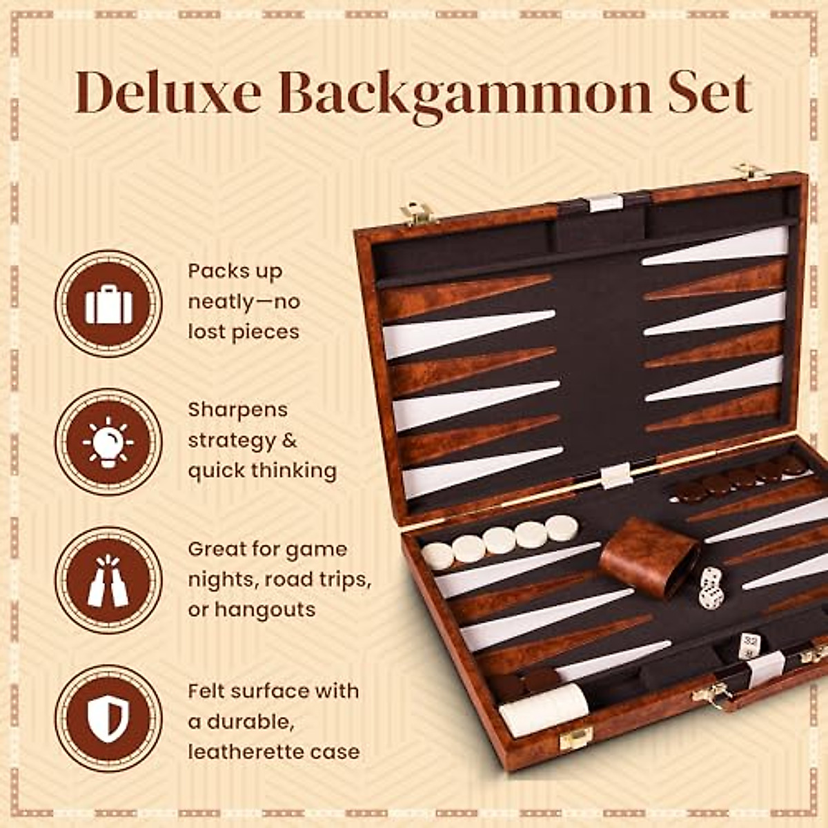 Backgammon Set 15 inch, Medium - Classic Board Game for Adults and Kids with Premium Leather Case - Includes Strategy & Tip Guide (Brown)