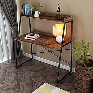 DESIGNA 48 Inch Ladder Desk with Storage Shelves, 2-Tier Home Office Students Study Writing PC Computer Gaming Table with Bookshelf Modern Workstation for Small Space Saving, Metal Frame, Rustic Brown