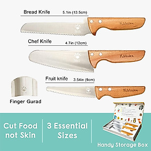 Kibbidea Kids Knife Set for Real Cooking, 4pcs Toddler Safe Kitchen Cutting Knives, Stainless Steel Blades, Children First Starter knife, BPA-free (Silver)