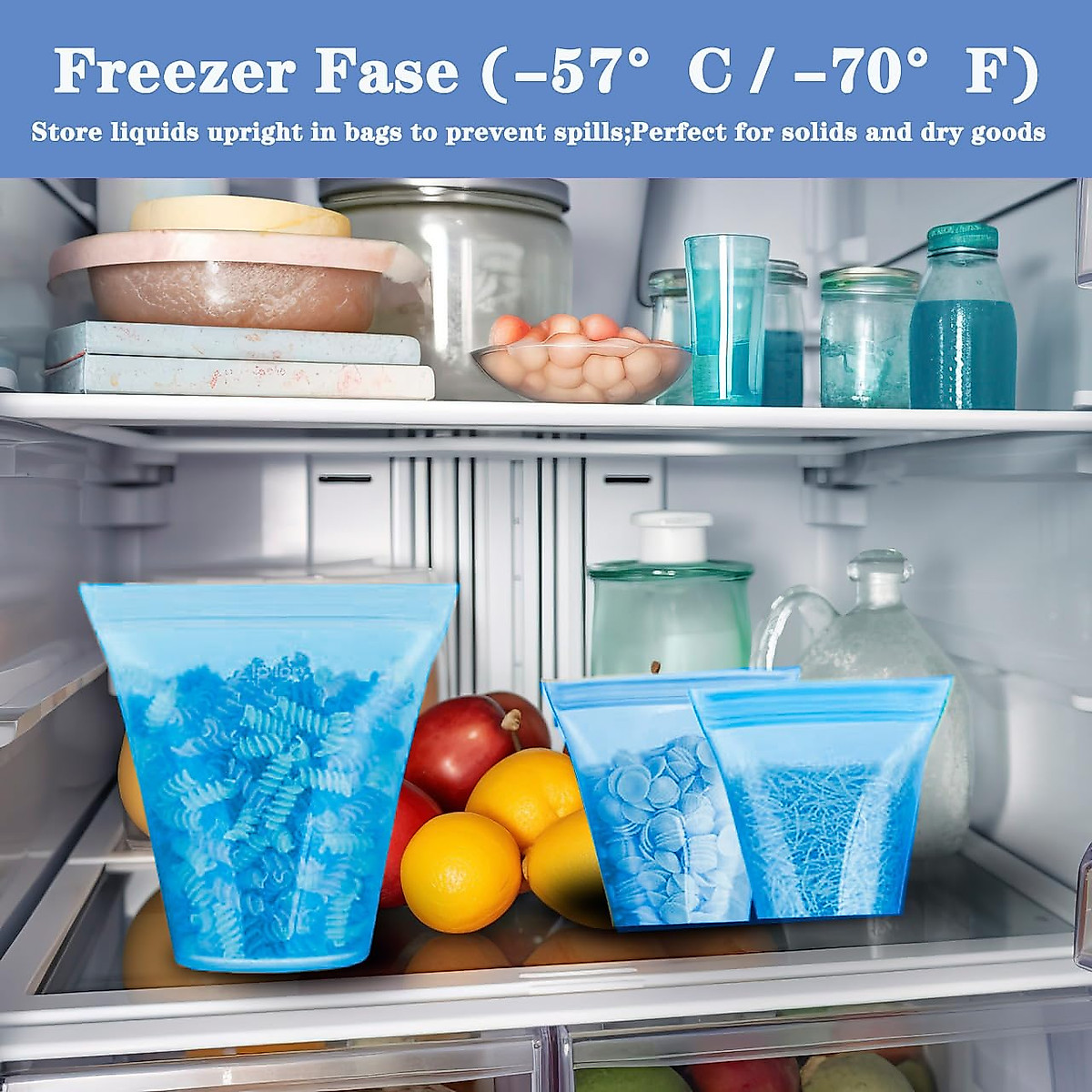 Ami.Todfo Reusable Food Storage Bag 100% Silicone Meal Prep Container Microwave Freezer and Dishwasher Safe Leak-free Bundle 8-Pack Bowls 8 Bag Set Sandwich Snack (Blue)