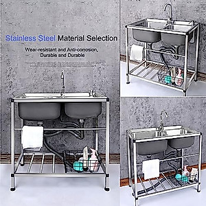 Outdoor Sink Station,Stainless Steel Utility Kitchen Sink,Garden Sink,Commercial Restaurant Sink,Farmhouse Sink,Portable Freestanding Double Bowls Sink,for Backyard,Garage,Laundry Room (Color : Hot+C