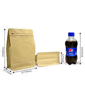 Stand Up Coffee Bags, Natural Kraft Paper Heat Sealed Flat Bottom Coffee Pouches with Degassing Valve and Reusable Side Zipper(50 Pcs, 8 oz, 0.5 LB)