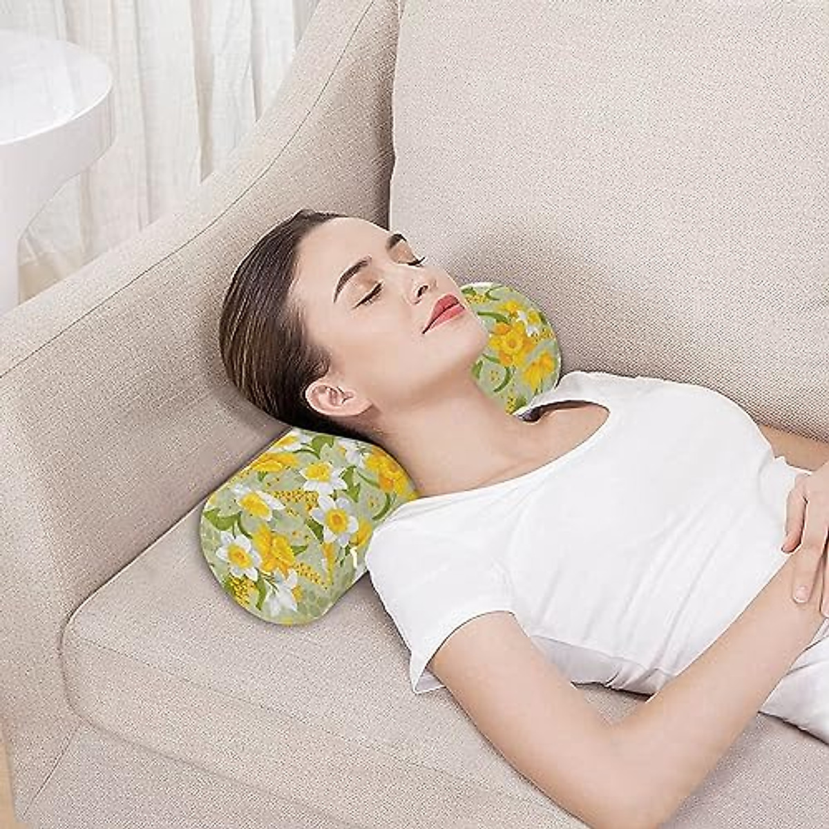 Vnurnrn Retro Flower Faffodils Leaves Neck Support Pillow Round Neck Roll Bolster Cylinder Pillow Cervical Pillows Round Neck Pillow for Leg Knee Back Head Support for Camp Study Work Men
