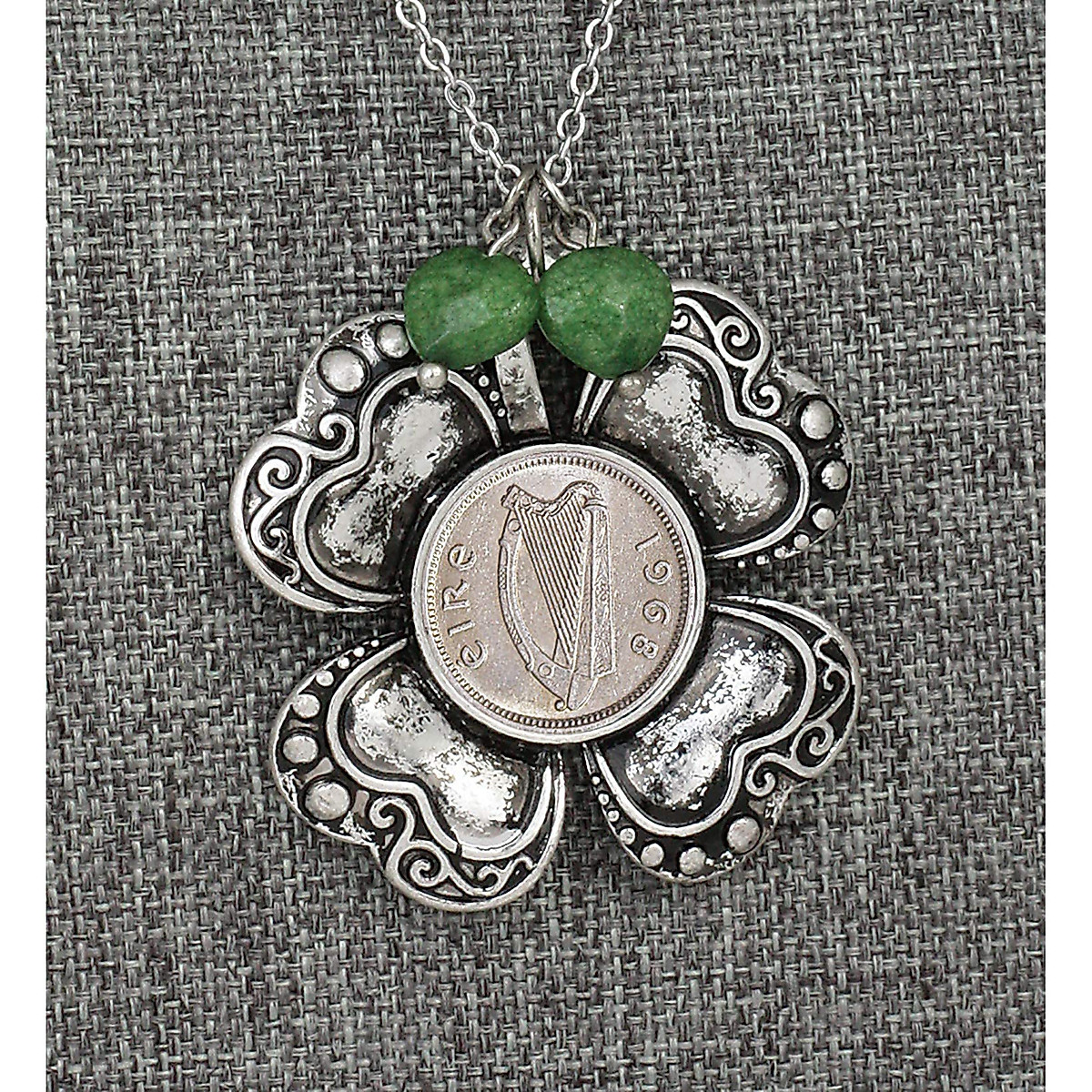 American Coin Treasures Irish Threepence Four Leaf Clover and Green Heart Charm Pendant
