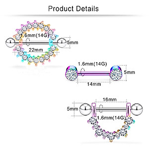 Cisyozi Nipple Piercing Jewelry 14G Nipple Rings for Women Rainbrow Stainless Surgical Steel Nipple Shield Nipplerings Ring Barbell Bar Body Piercing Jewelry for Women 14mm