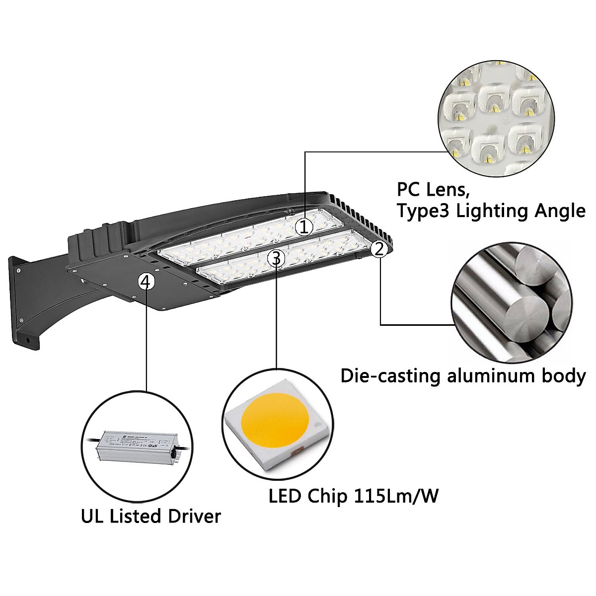 1000LED LED Sheobox Parking Lot Light 200W (600W Eq.) Outdoor Street Light, 5000K AC110-277V Arm Mount, Waterproof IP66