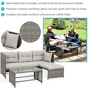 Sunnydaze Longford Outdoor Patio Sectional Sofa Set - Backyard Brown Rattan Wicker Chaise Lounge Furniture with Coffee Table and Thick Cushions - Conversation Set - Slate Gray Cushions