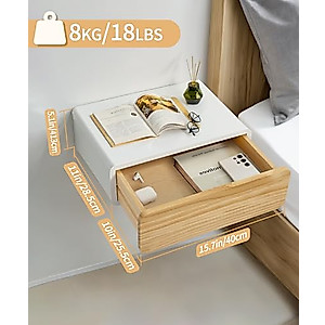 SUMGAR Floating Nightstand White with Drawers Modern Bedside Table Organiser Fully Assembled Shelf Small Spaces Wall Mounted Storage Wood Furniture for Bedroom Home Decor