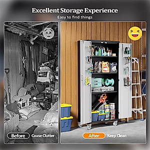 VINGLI 72'' Tall Garage Storage Cabinet, Metal Storage Cabinet with Wheels, Locking Doors and Adjustable Shelves (Black & Silver, 32''W x 16''D x 72''H)