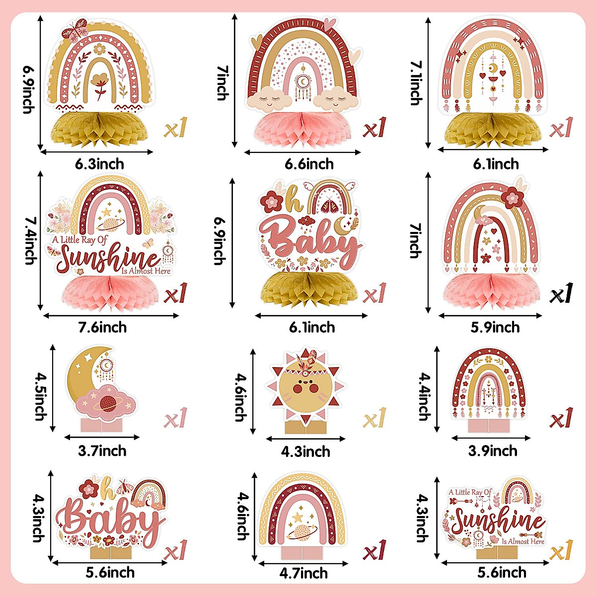 3sscha 12Pcs Boho Rainbow Baby Shower Party Centerpieces Bohemian Honeycombs A Little Ray of Sunshine Table Decoration Summer Room Decor Supplies Photo Booth Props for Home Birthday Party