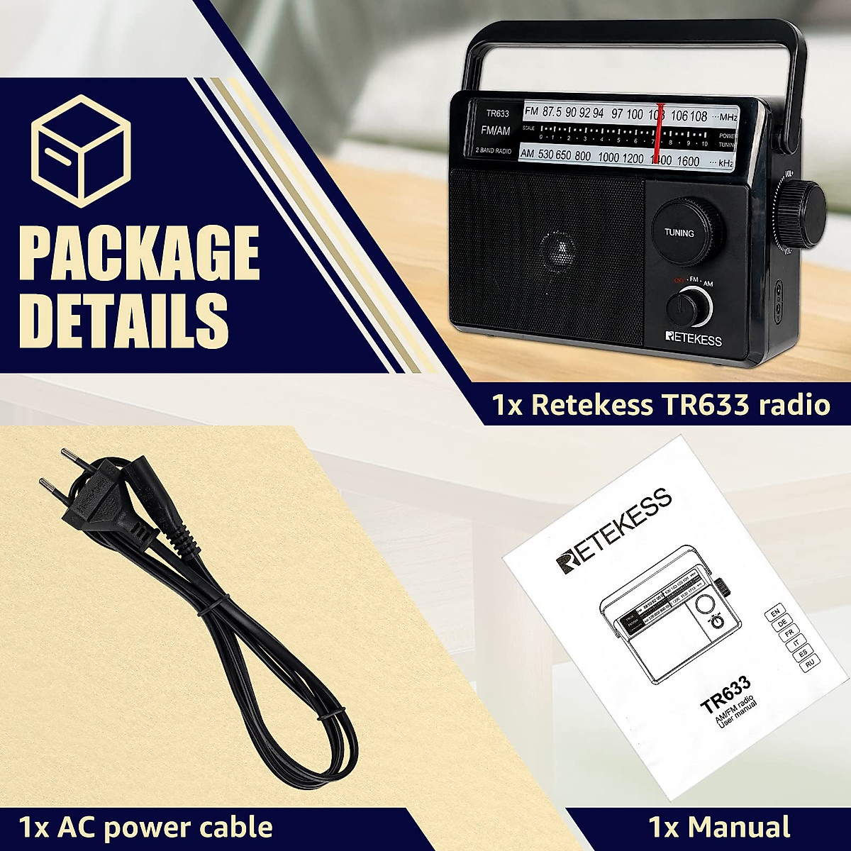 Retekess TR633 AM FM Radios with Best Reception, Portable Radio Plug in Wall, External Antenna Jack, Battery Operated Radio by 4 AA Batteries Or AC Power for Senior, Home