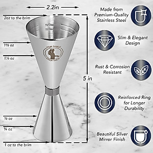 Top Shelf Cocktails Japanese Jigger Double Jigger 2oz 1oz Cocktail Jigger With Measurements Inside Get Accurate Pours, Silver, 5in