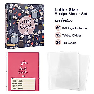Recipe Binder Kit - 3 Ring Full Page Recipe Book Binder 8.5"x11" with 60 Page Protectors, 12 Dividers and Labels for Family Recipe Organizer, Grain Design