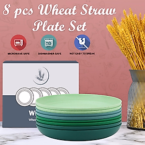 Wheat Straw Plates - 10 Inch Unbreakable Dinner Plates Set of 8 - Modern Dinnerware Dishes Dishwasher & Microwave Safe-Lightweight Plates for kitchen,camping (Forest Series)