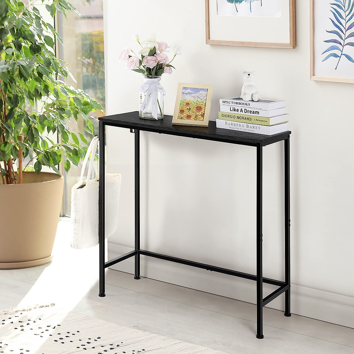 OYEAL Black Console Table Narrow Entryway Table with Hooks 31.5 in Small Sofa Table with Metal Frame Couch Table for Living Room, Hallway, Foyer, Bedroom, Black