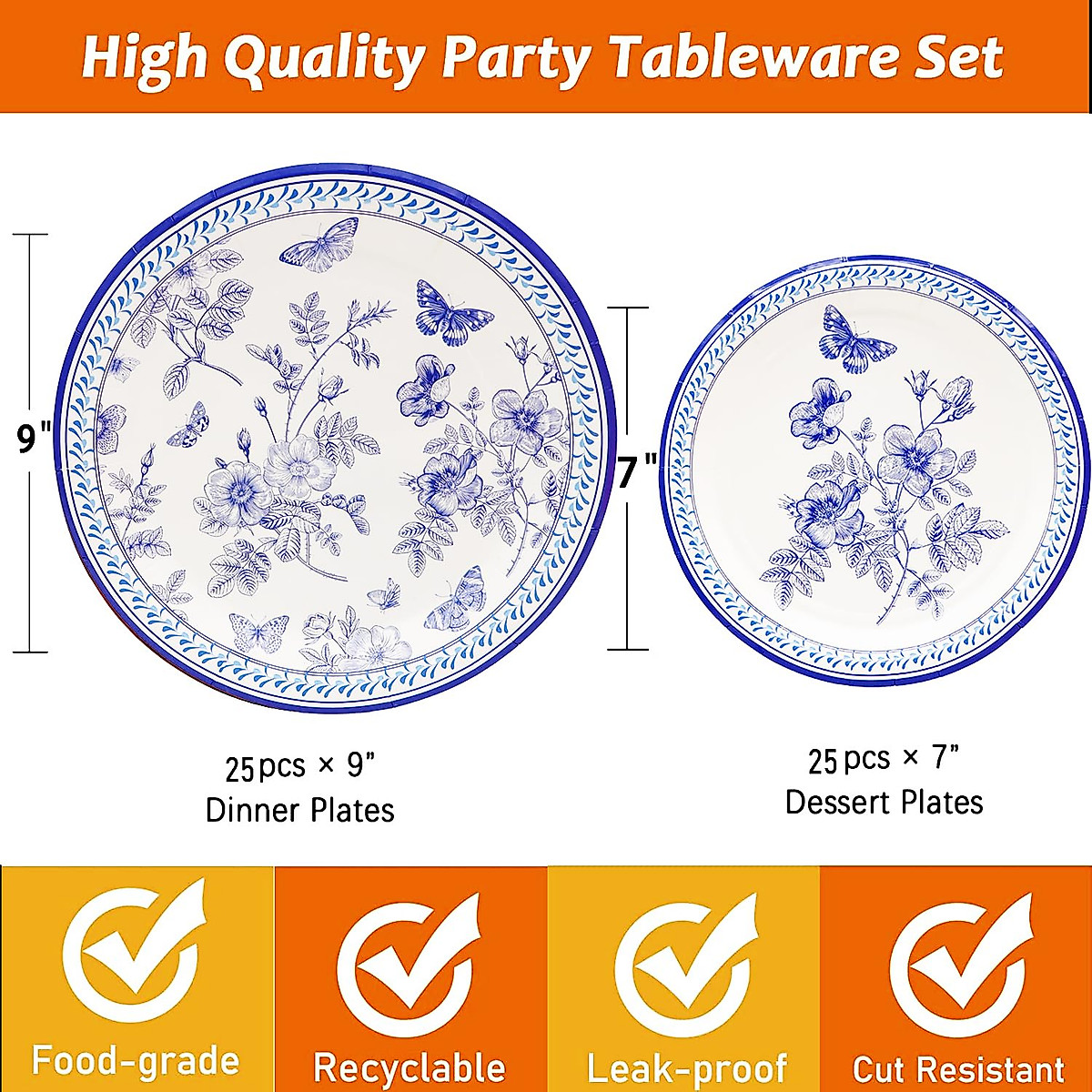 HSPAIDYP 50Pcs Floral Blue & White Flower Party Supplies Blue and White Paper Plates Set 9" Floral Plates 7" Blue White Floral Plates for Bridal Shower Wedding Tea Party Floral Party Decor