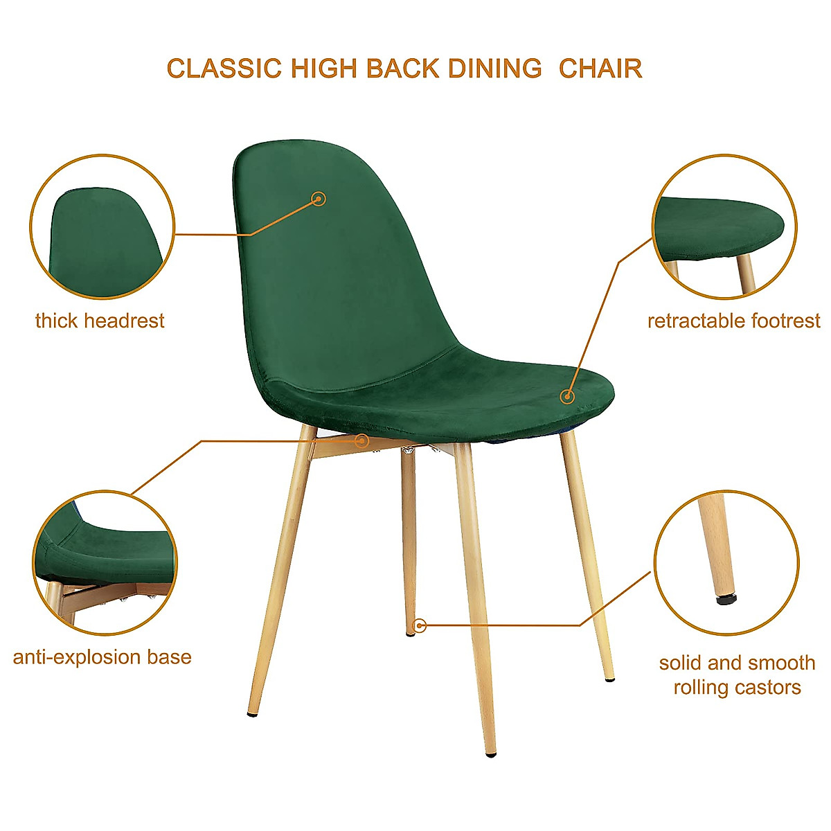 Set of 4 Mid Century Modern Side Dining Chairs for Kitchen Velvet Upholstered Dining Chair with Metal Legs (Dark Green)