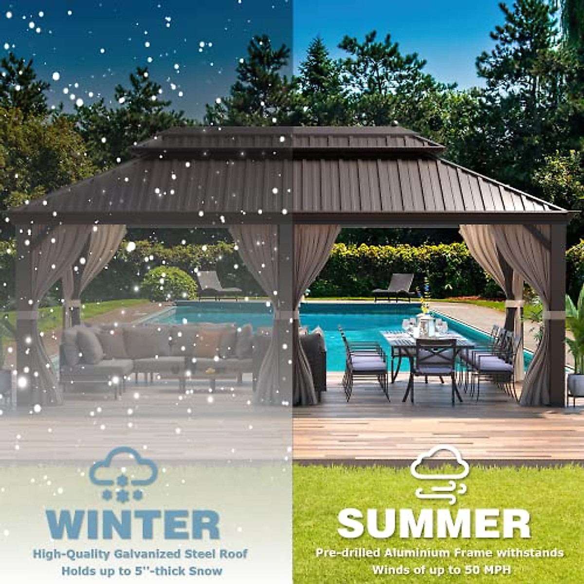 MELLCOM 12' x 20' Hardtop Aluminum Gazebo, Galvanized Steel Double Roof Metal Gazebo with Aluminum Frame, Brown Permanent Patio Gazebo with Curtains and Netting for Patios, Gardens, Lawns