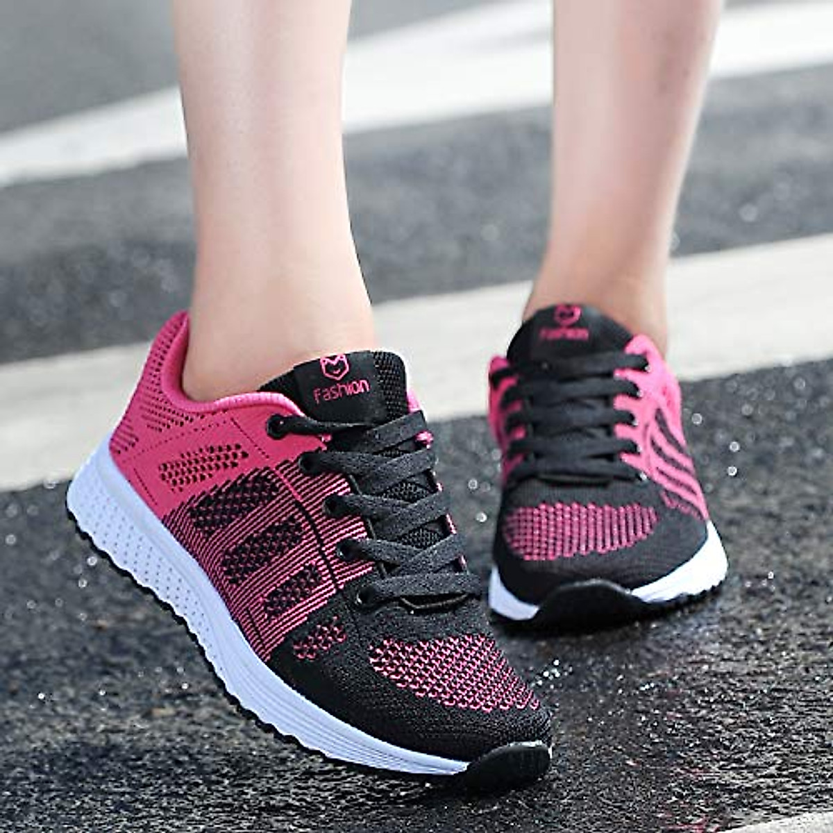 UareMgic Women's Breathable Flying Weave Fashion Walking Sneakers Lightweight Running Athletic Tennis Shoes Shock-Relief (US 9 /EU 40, Rose Red)